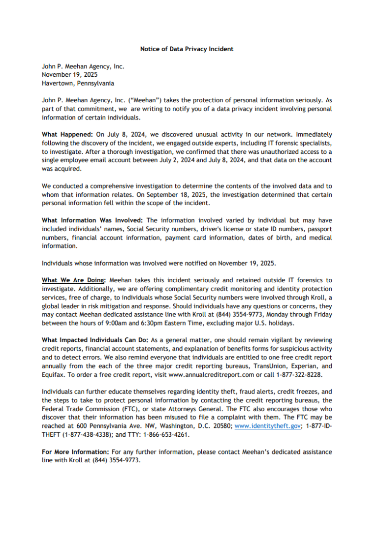 Notice of Data Privacy Incident - Meehan Insurance